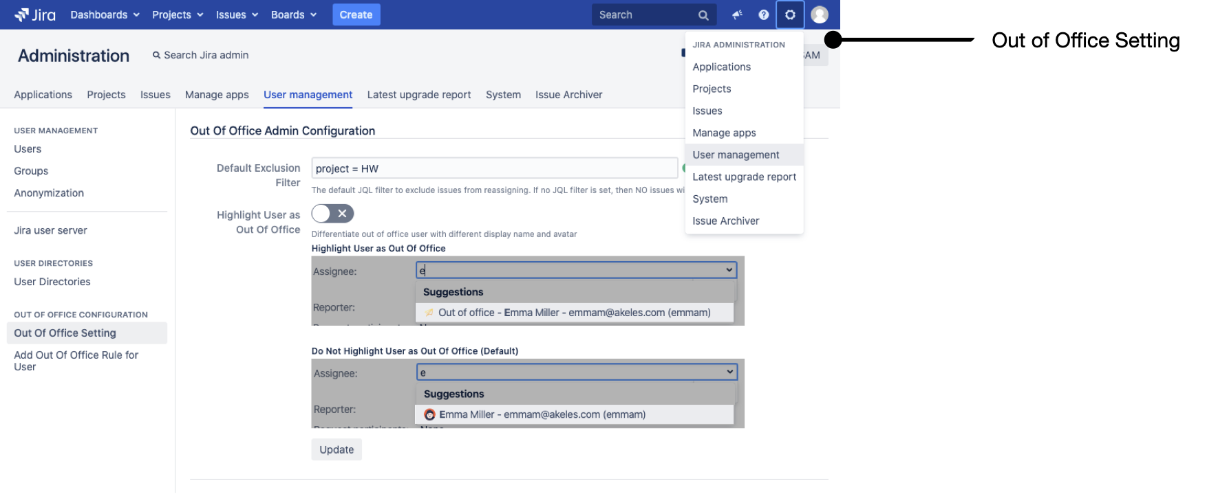 How to enable highlight OOO user? | Akeles